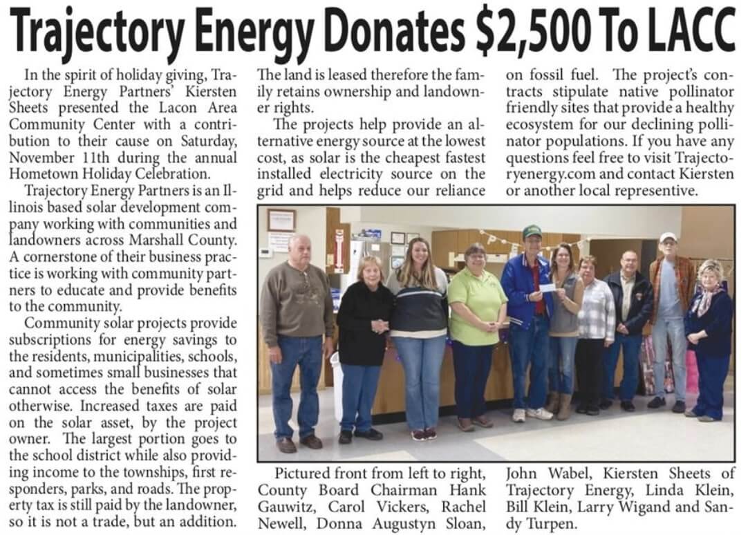 Trajectory Energy donates $2500 to LACC - Trajectory Energy Partners